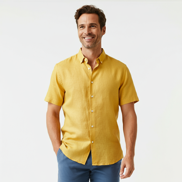 SUNNY Men's Yellow Linen Shirt – Short Sleeve & Made to Order